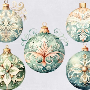 Pastel Christmas Ornaments Clipart, Blue and Gold Xmas Bauble, Green ...
