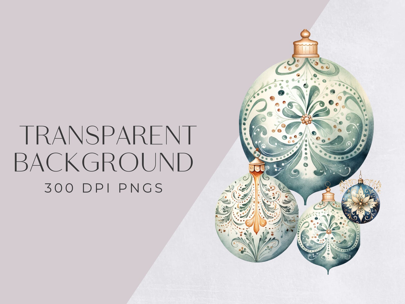 Pastel Christmas Ornaments Clipart, Blue and Gold Xmas Bauble, Green ...