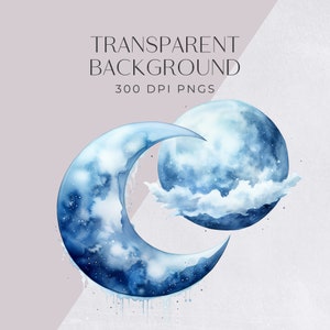 Over the Moon Clipart, Blue Watercolor Full & Half Moon Clip Art, Boy ...