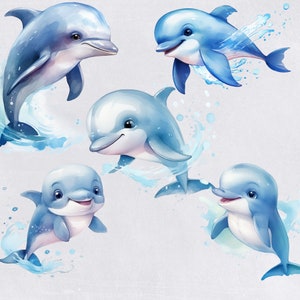 Cute Dolphin Clipart, Baby Sea Animal Clip Art, Watercolor Ocean ...