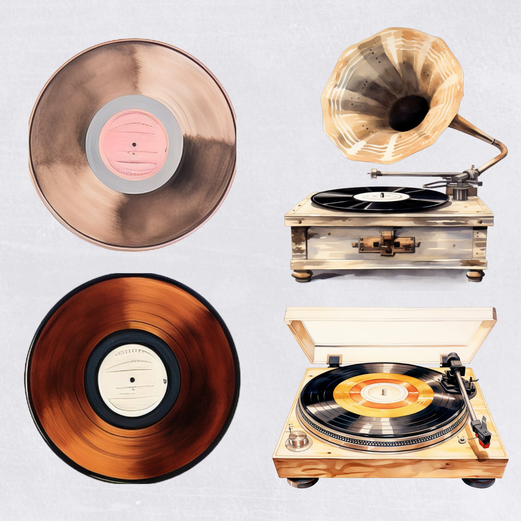 Record Player Clipart, Old Vinyl Records Clip Art, 80's Retro Graphics ...