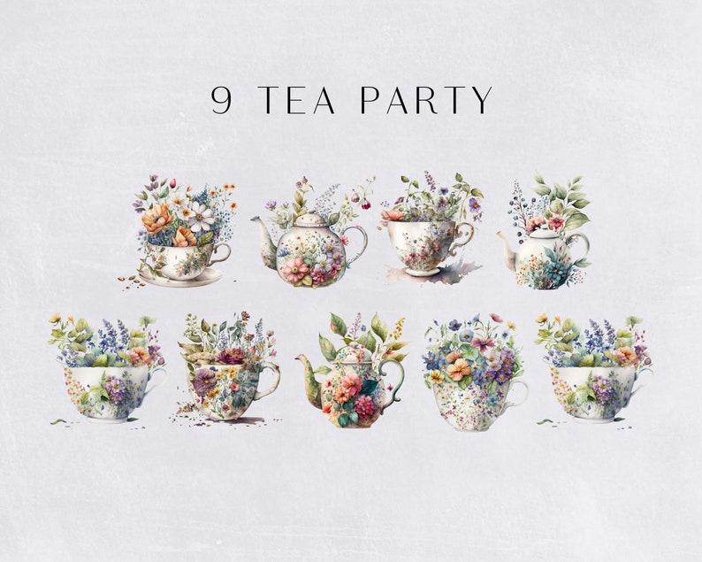 Watercolor Tea Party Clipart, Commercial Use, Transparent Pngs, Floral ...