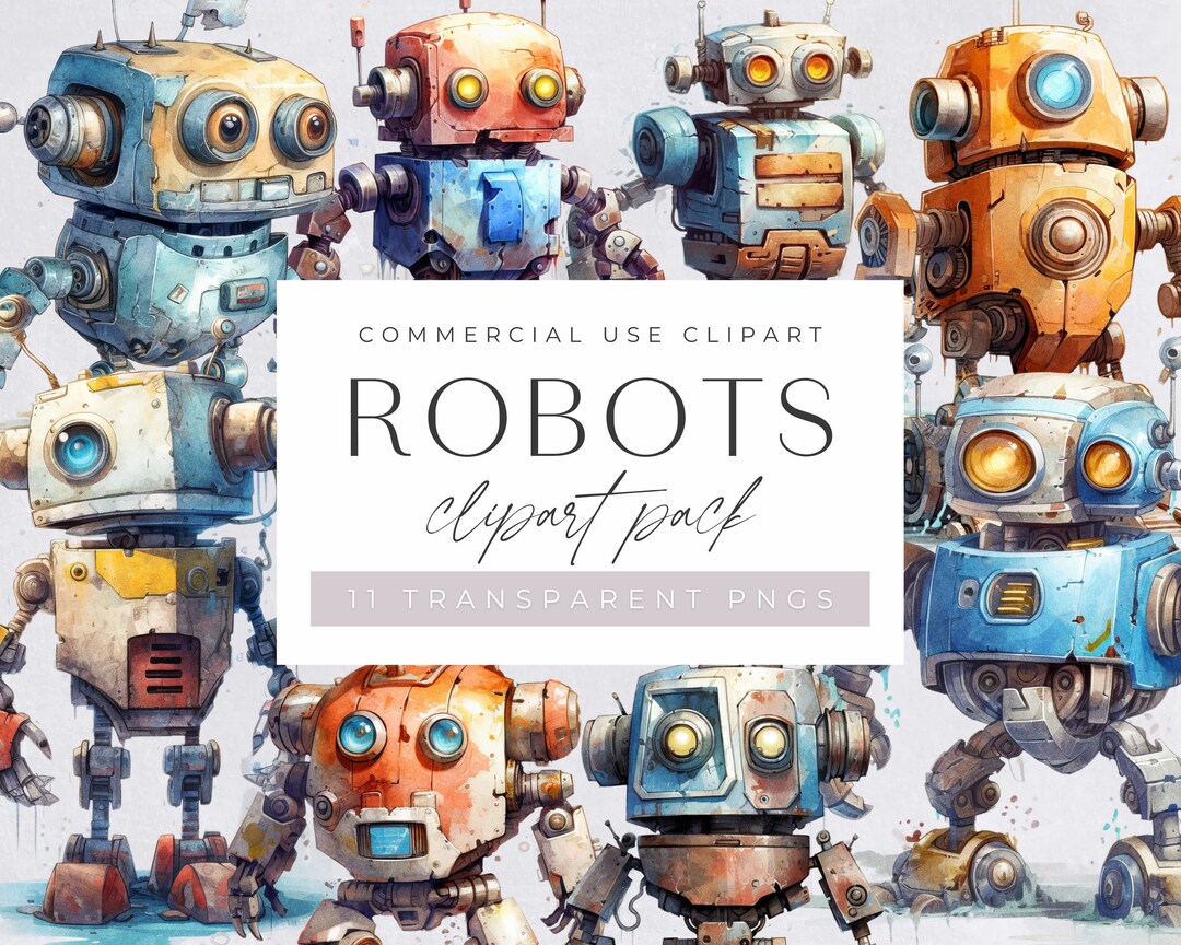 Cute Robot Watercolor Clip Art, Commercial Use, Transparent Pngs ...