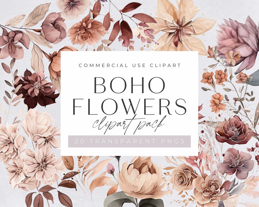 Boho Watercolor Floral Clipart Pack, Clipart for Commercial Use ...