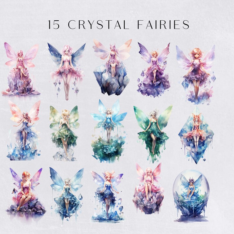 Fairy Crystals Clipart, Watercolor Mystical Fairies Magic and Gems ...
