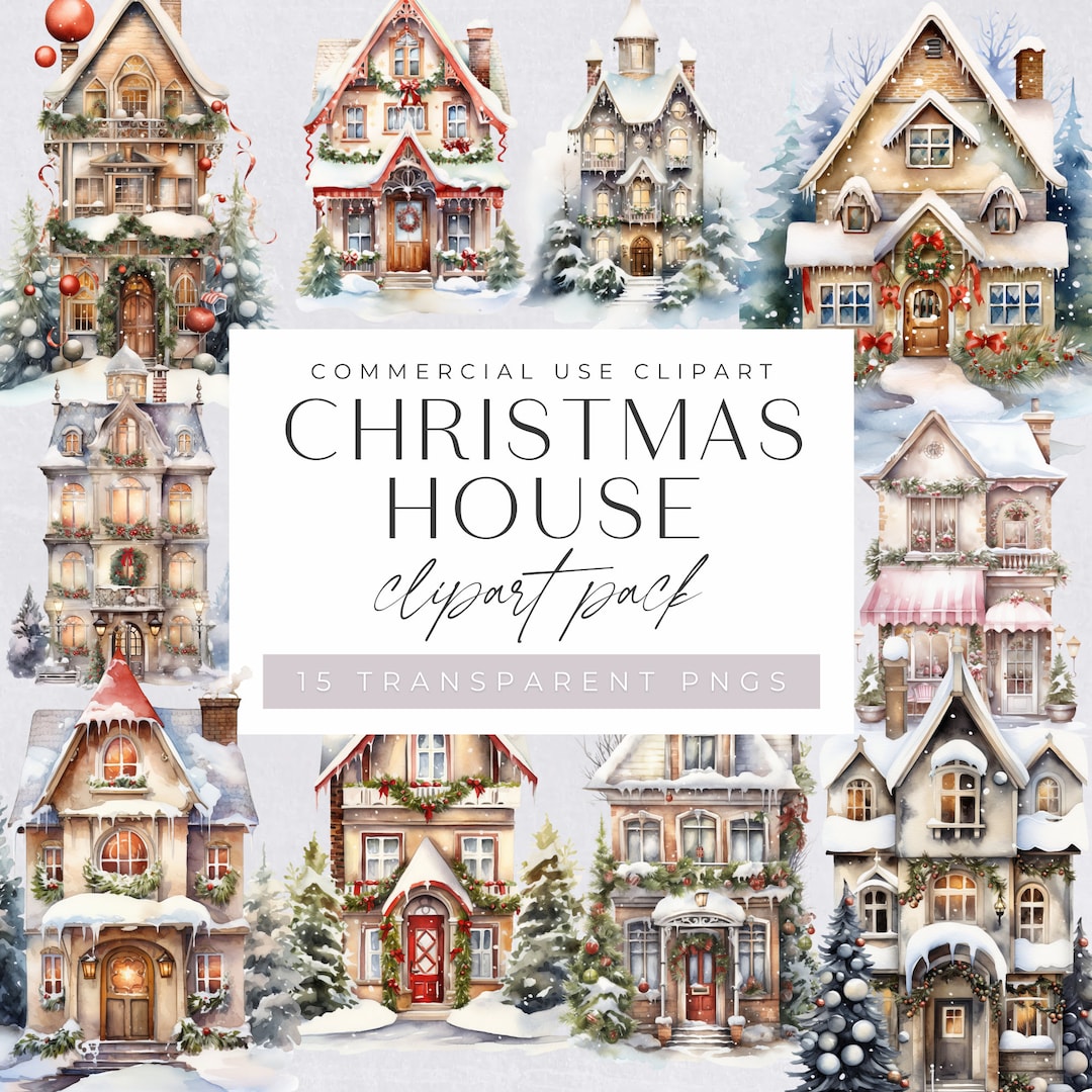 Christmas Village Houses Clipart, Winter Snow Topped House, Scandi ...