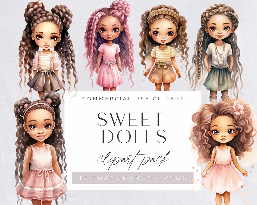 Cute Pink Doll Clipart Watercolor, Sweet Dolls With Braids & Long Hair ...