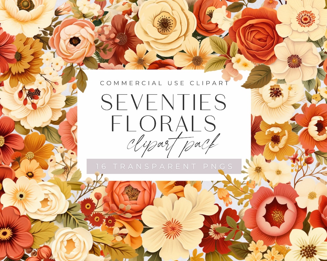 Retro Floral Clipart, Colorful Seventies Flowers Clip Art, Boho Groovy ...