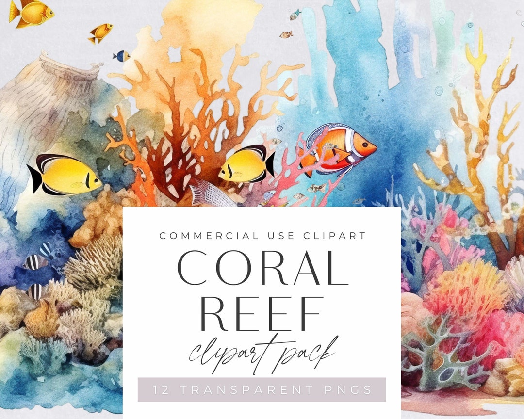 Coral Reef Clipart, Watercolor Ocean Reef With Fishes, Colorful ...