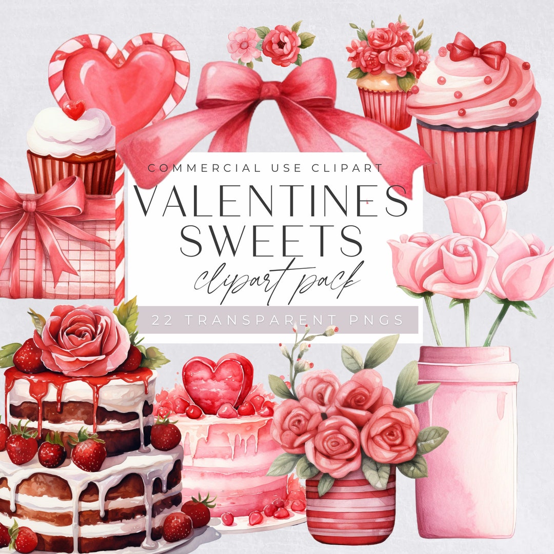 Valentines Treats Clipart, Watercolor Valentines Day Cake and Sweets ...
