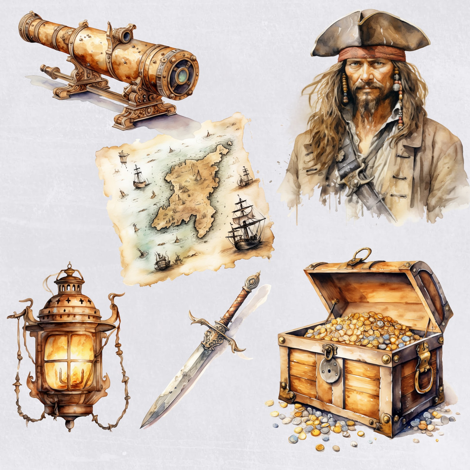 Watercolor Pirate Clipart, Birthday Party Clip Art, Treasure Chest and ...