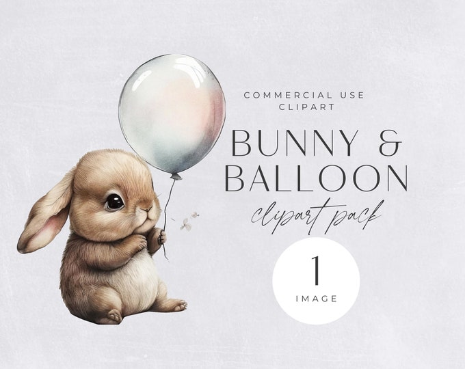 Watercolor Bunny With Heart Balloon Clipart: Nursery Art (JPG Instant ...