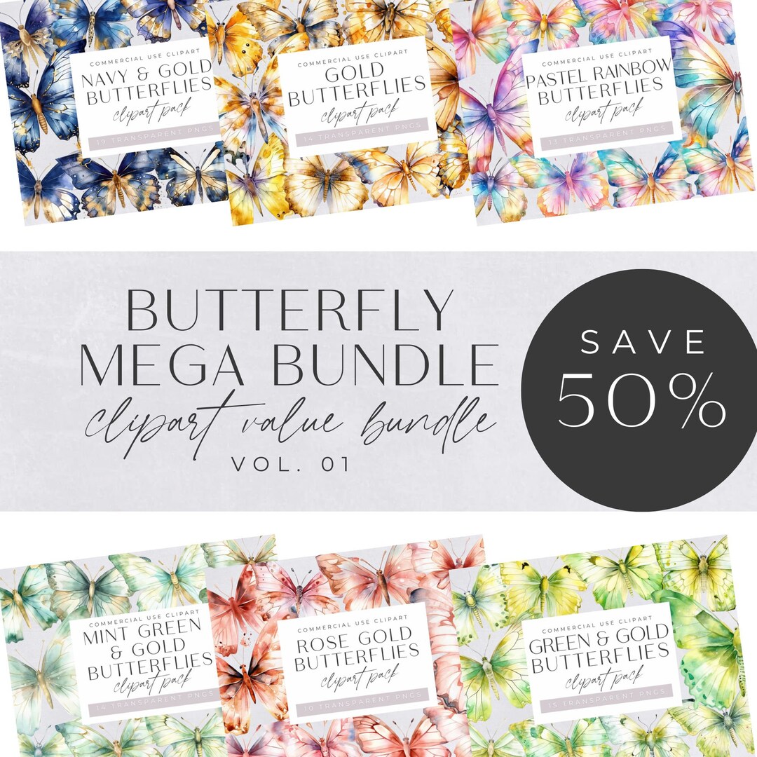 Watercolor Butterfly Clipart Bundle, Pink, Green, Gold, Navy Blue ...