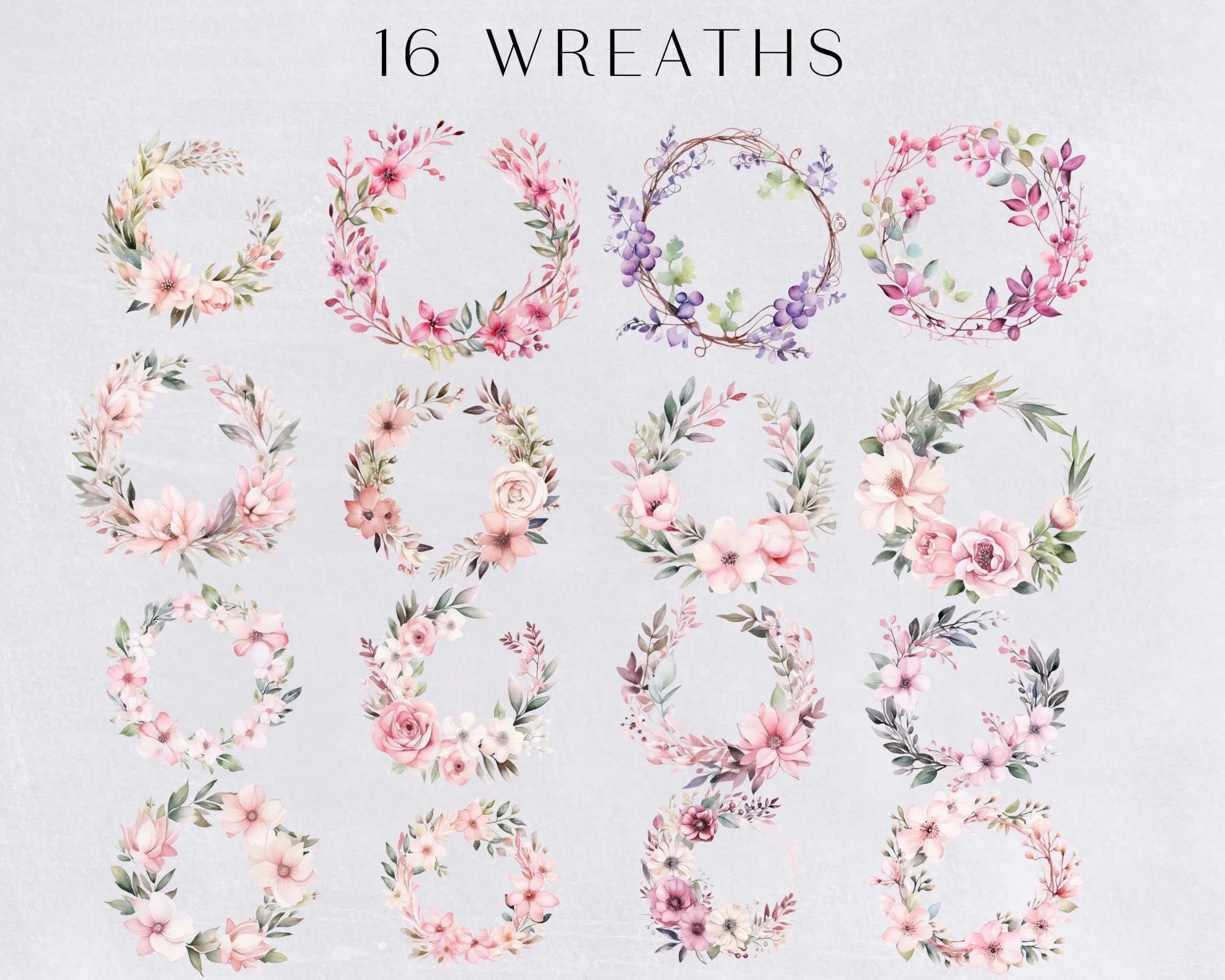 Clipart Watercolor Wreath Bundle, Pink Floral Wreaths, Wild Flower ...