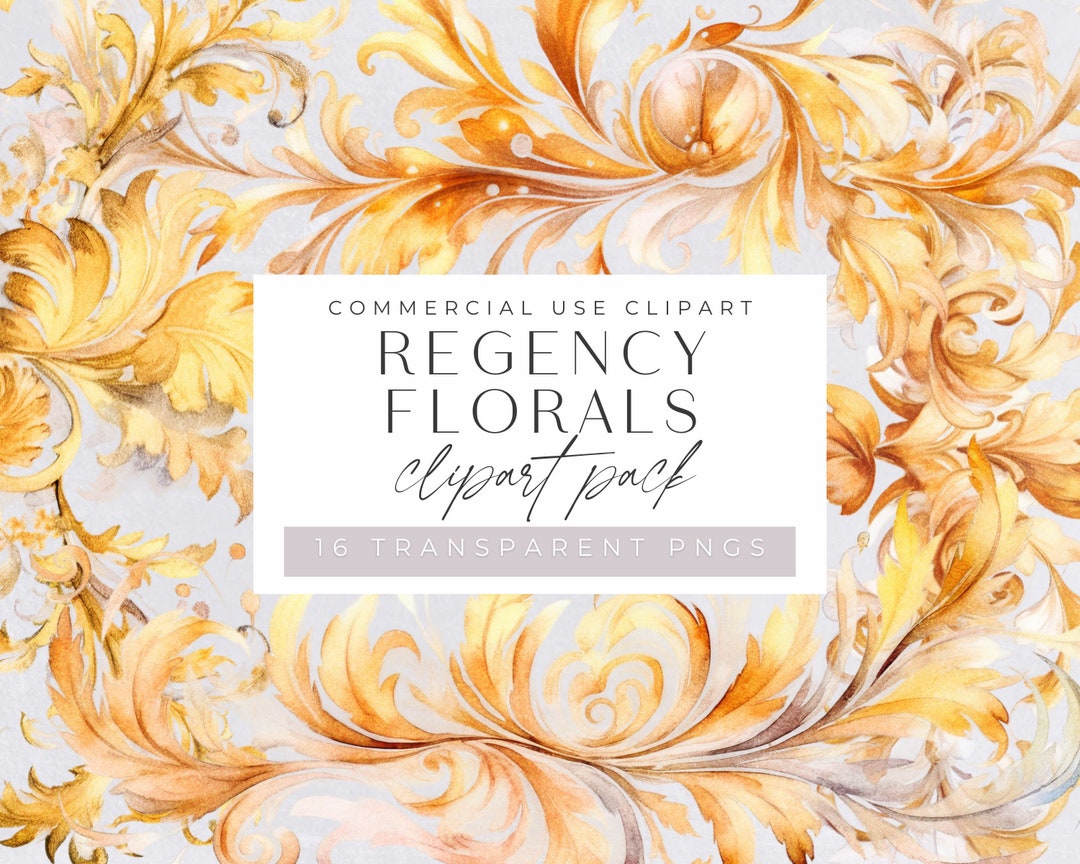 Regency Florals, Watercolor Clipart Pack, Gold Flourish Swirls, Clip ...