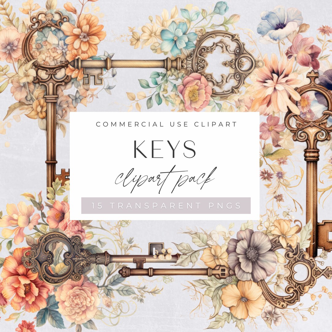 Skeleton Keys Clipart, Floral House Key Clip Art, Watercolor Vintage ...