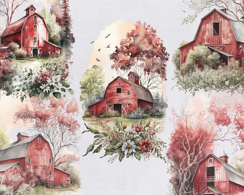 Watercolor Clipart Barn, Red Barn Clipart Pack, Farmhouse, Farmers ...