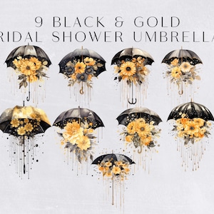 Bridal Shower Umbrella Clipart Pack, Black & Gold Floral Watercolor ...
