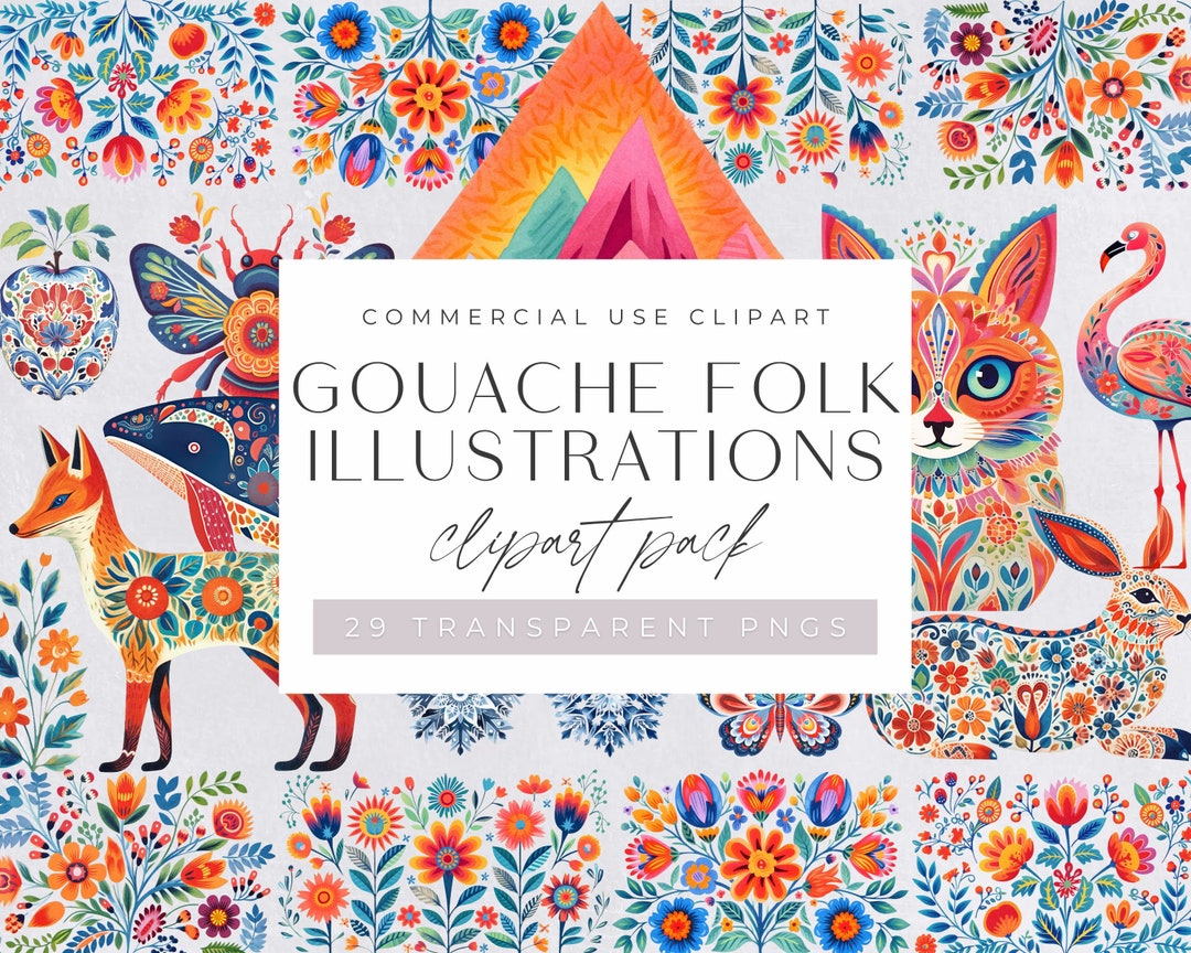 Gouache Folk Illustrations Clipart, Brightly Coloured Rustic Animal ...
