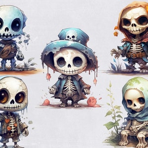 Funny Skeleton Clipart, Cute Halloween Watercolor Clip Art, Scary ...