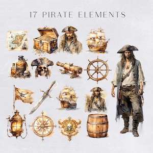 Watercolor Pirate Clipart, Birthday Party Clip Art, Treasure Chest and ...