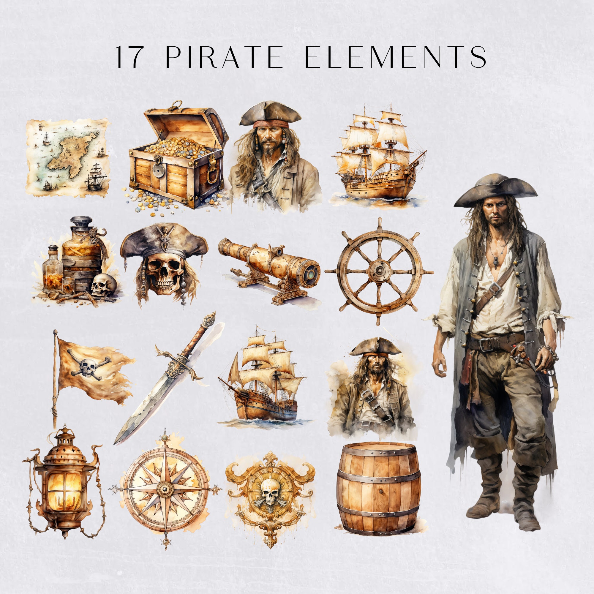 Watercolor Pirate Clipart, Birthday Party Clip Art, Treasure Chest and ...
