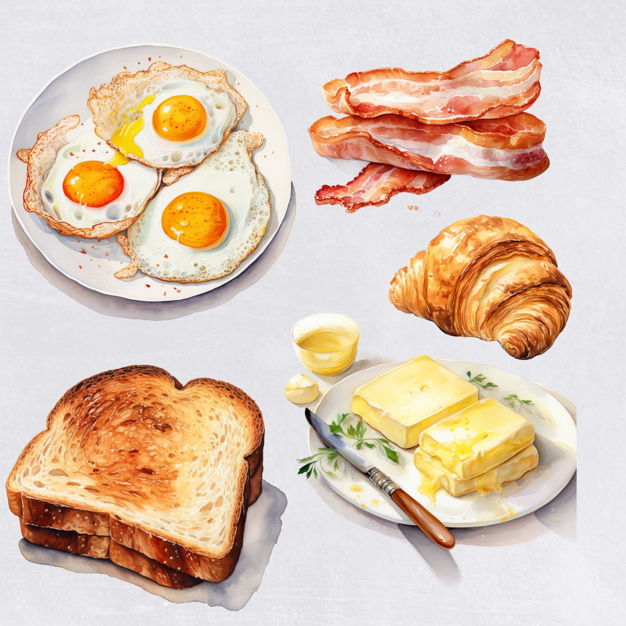 Watercolor Breakfast Foods Clipart, Bacon and Egg Clip Art, Pancakes ...