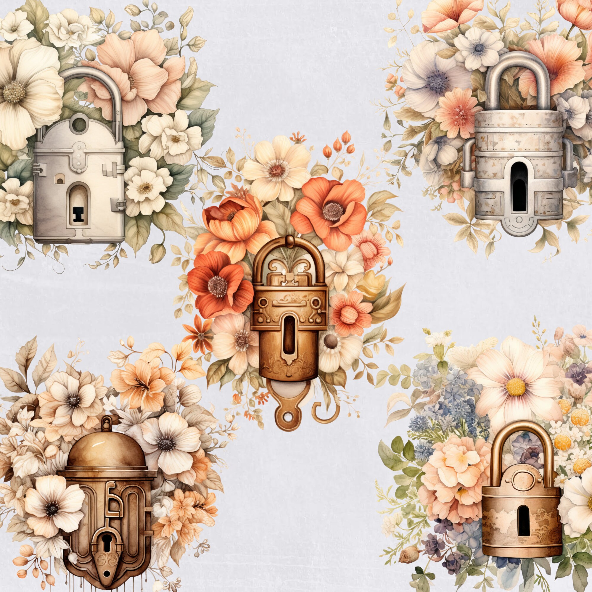 Lock and Keys Clipart, Floral Padlock Clip Art, Vintage Lock Graphics ...