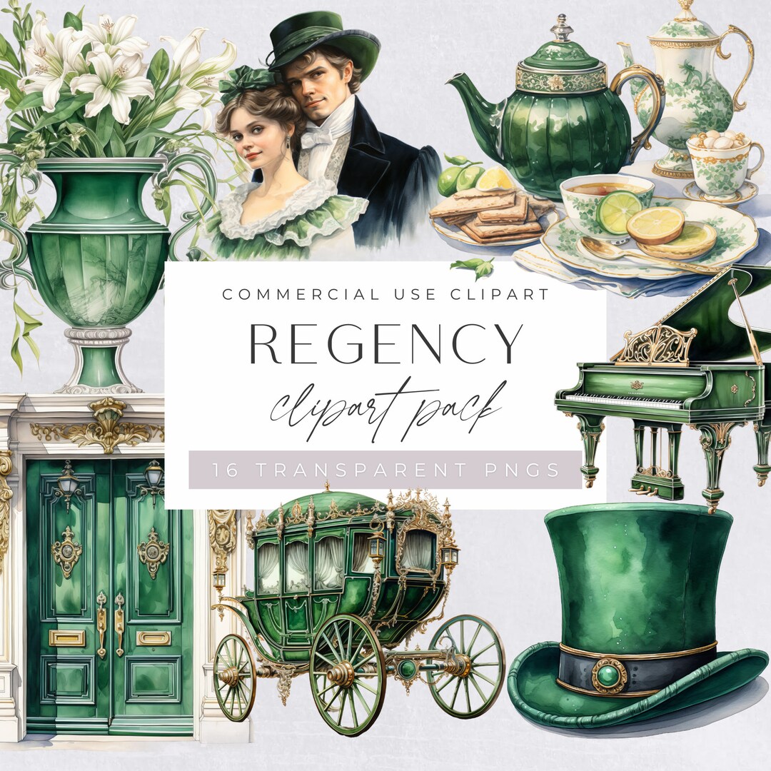 Regency Era Clipart, Green Watercolour Vintage Romance Clipart Bundle ...