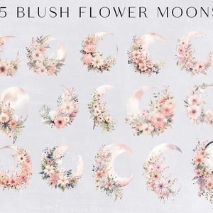Floral Moons Watercolor Clipart, Blush Pink Flowers, Crescent Moons, Moon Phases, Celestial ...
