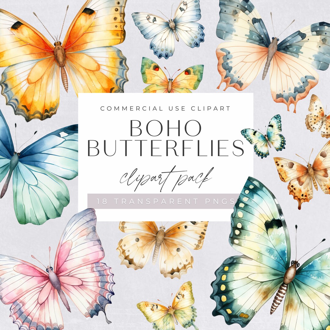 Boho Butterfly Clipart, Watercolor Abstract Butterflies Clip Art Bundle ...