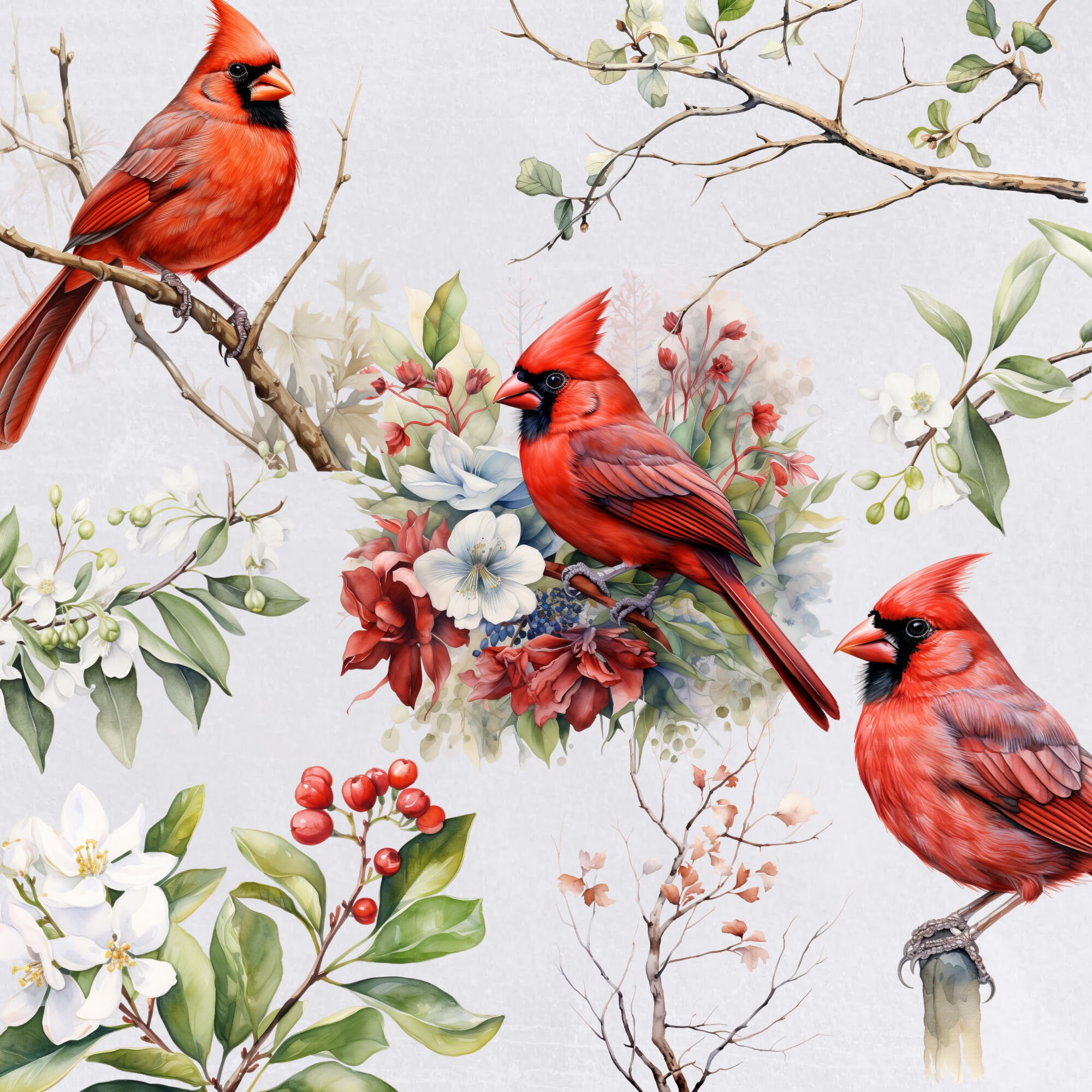 Watercolor Cardinal Clipart, Colorful Watercolor Birds on Branch ...