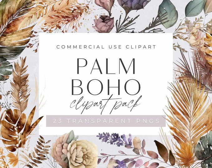 Watercolor Boho Dried Flower Clipart, Palm Boho Roses Bouquets Png ...