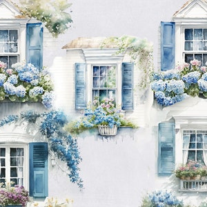 Blue Shutter Cottage Clipart Pack, Watercolor Cottagecore, Transparent ...