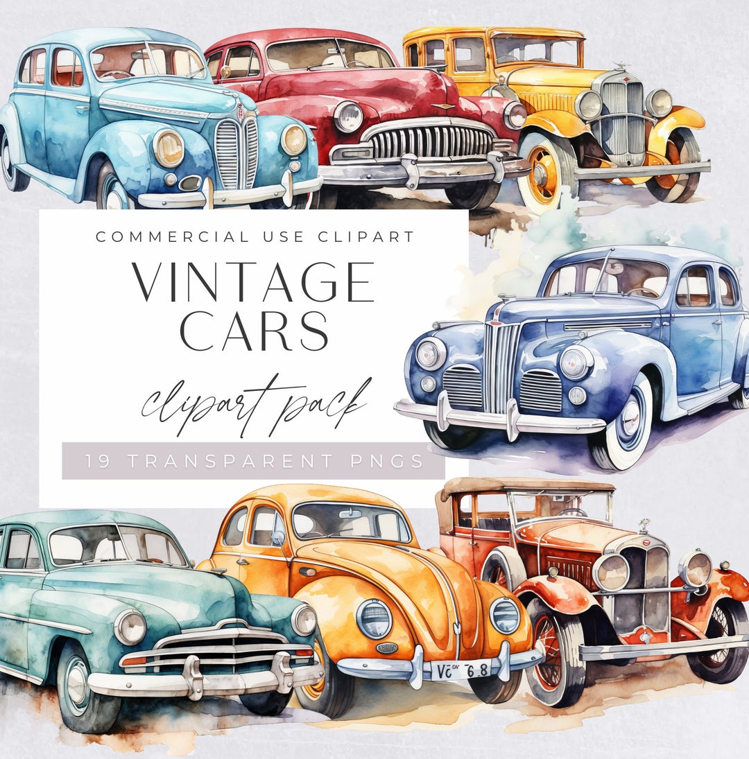 Vintage Cars Clipart, Retro Classic Car, Red, Orange, Blue, Brown, Old ...