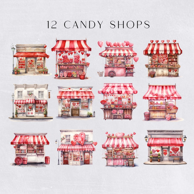 Cute Valentines Candy Shop Clipart, Red and White Watercolor Shop Front ...