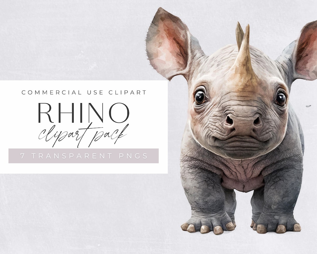 Rhino Watercolor Clipart, Cute Rhinoceros Clip Art for Commercial Use ...
