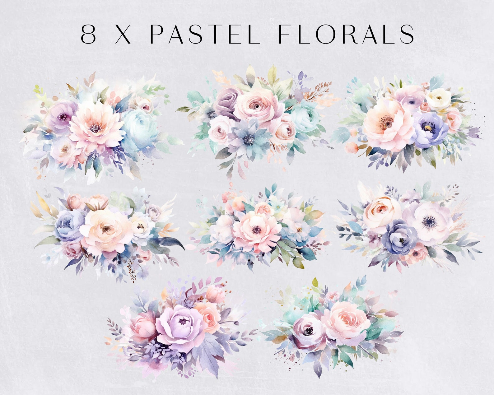Pastel Florals Clipart, Spring Bouquets, Dusty Pinks. Blues & Lilacs ...