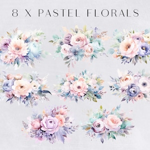Pastel Florals Clipart, Spring Bouquets, Dusty Pinks. Blues & Lilacs ...