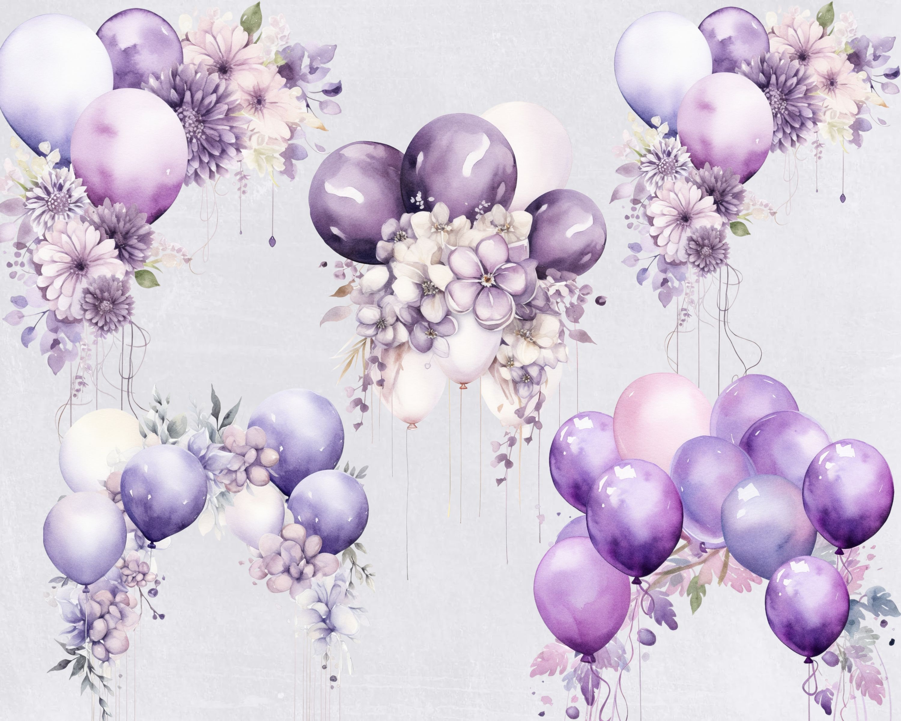 Purple Balloons Clipart, Birthday Party Decorations, Girl, Kids, Floral ...