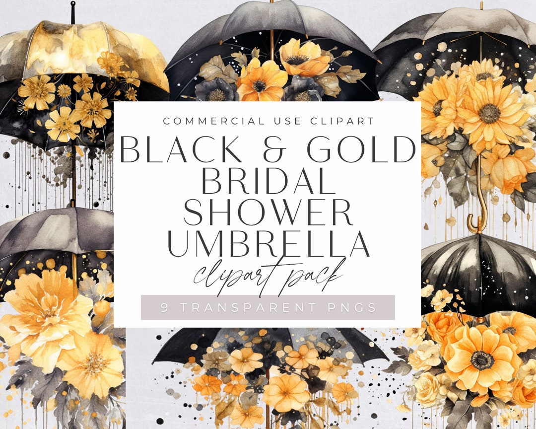 Bridal Shower Umbrella Clipart Pack, Black & Gold Floral Watercolor ...