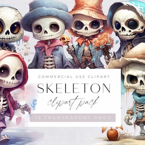 Funny Skeleton Clipart, Cute Halloween Watercolor Clip Art, Scary ...