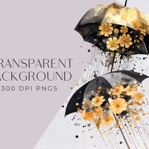 Bridal Shower Umbrella Clipart Pack, Black & Gold Floral Watercolor ...