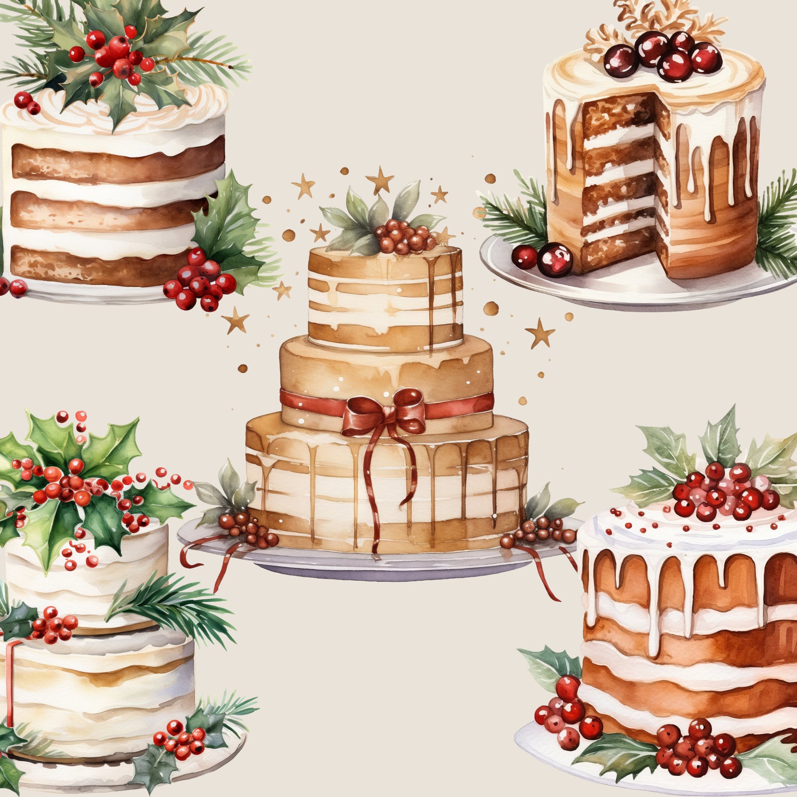 Christmas Cake Clipart Bundle, Christmas Dinner Clipart, Watercolor ...