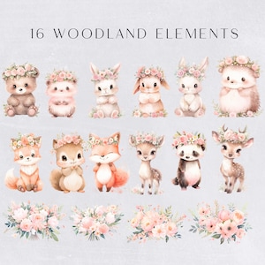 Whimsical Animals Clipart, Cute Pink Woodland Babies With Flowers ...