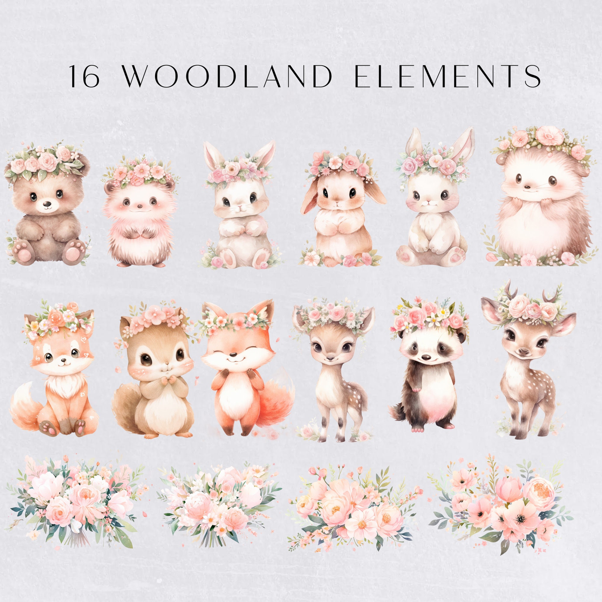Whimsical Animals Clipart, Cute Pink Woodland Babies With Flowers ...