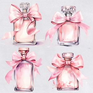 Pink Perfume Bottle With Ribbon Clipart, Watercolor Fragrance Bottles ...