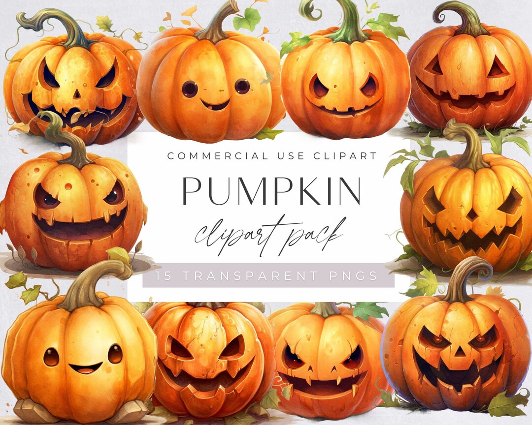Watercolor Halloween Pumpkin Faces, Spooky Clip Art for Commercial Use ...