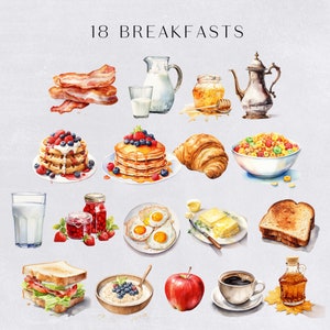 Watercolor Breakfast Foods Clipart, Bacon and Egg Clip Art, Pancakes ...
