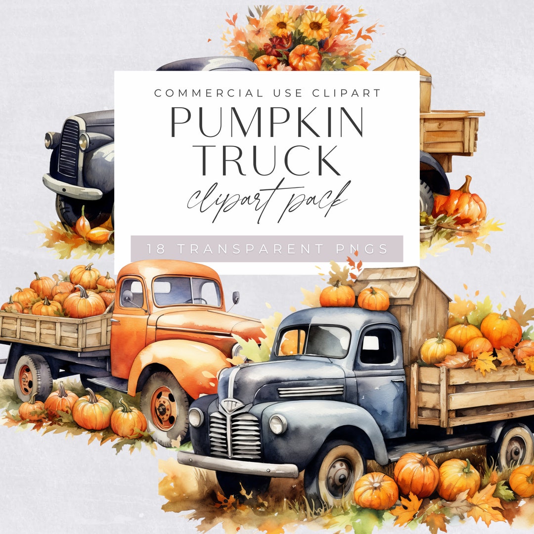 Pumpkin Pickup Truck Clipart, Watercolor Autumn Scene, Farm Life ...